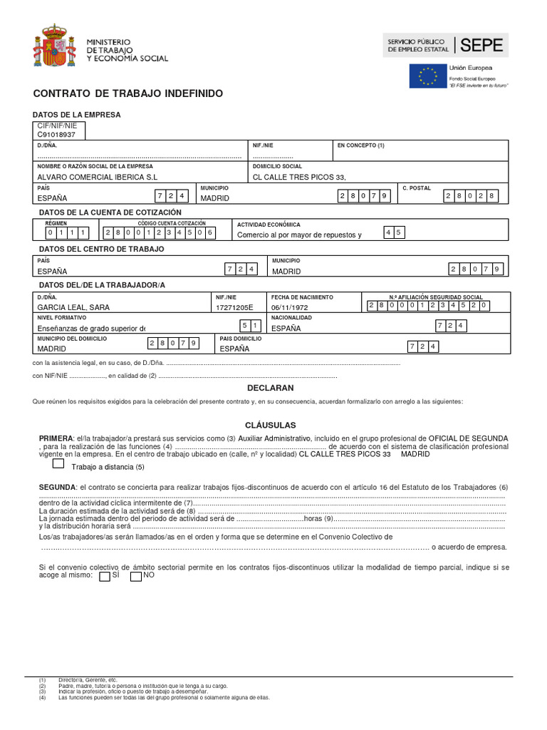 Contrato de Trabajo Indefinido: Código Cuenta Cotización | PDF | Tiempo ...