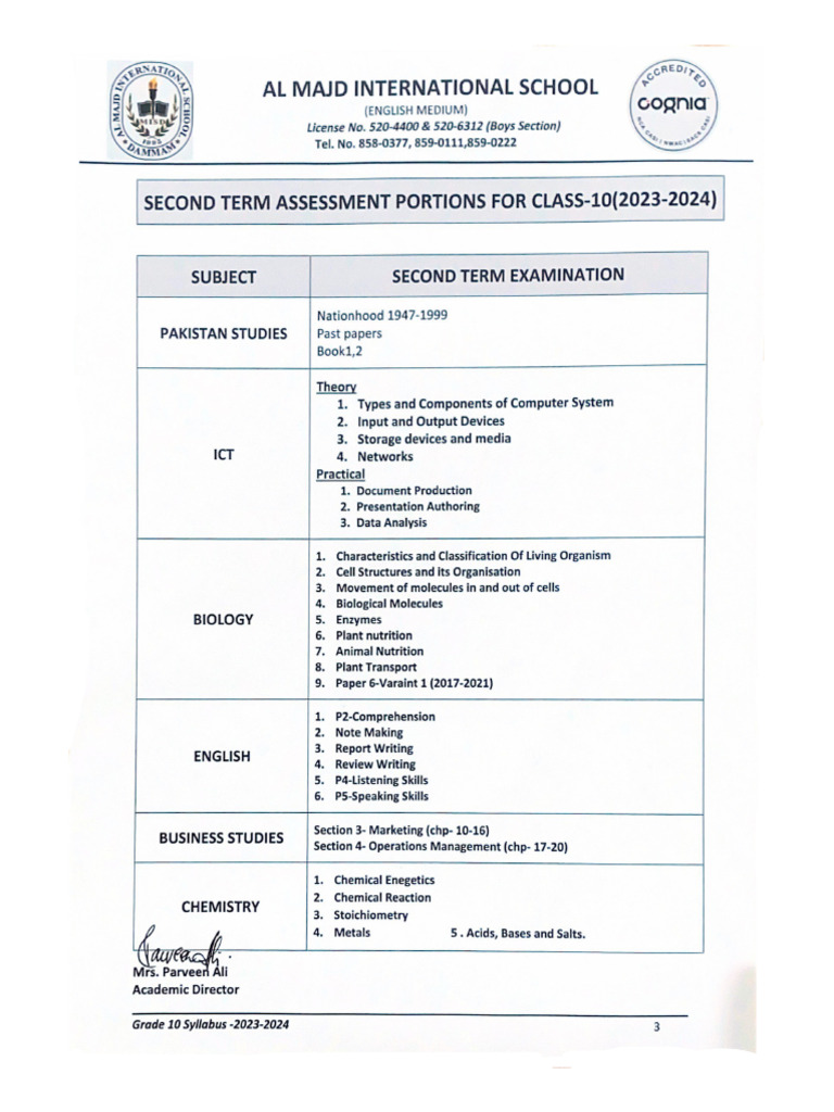 Grade 10 - Boys Section - Second Term Assessment Syllabus | PDF