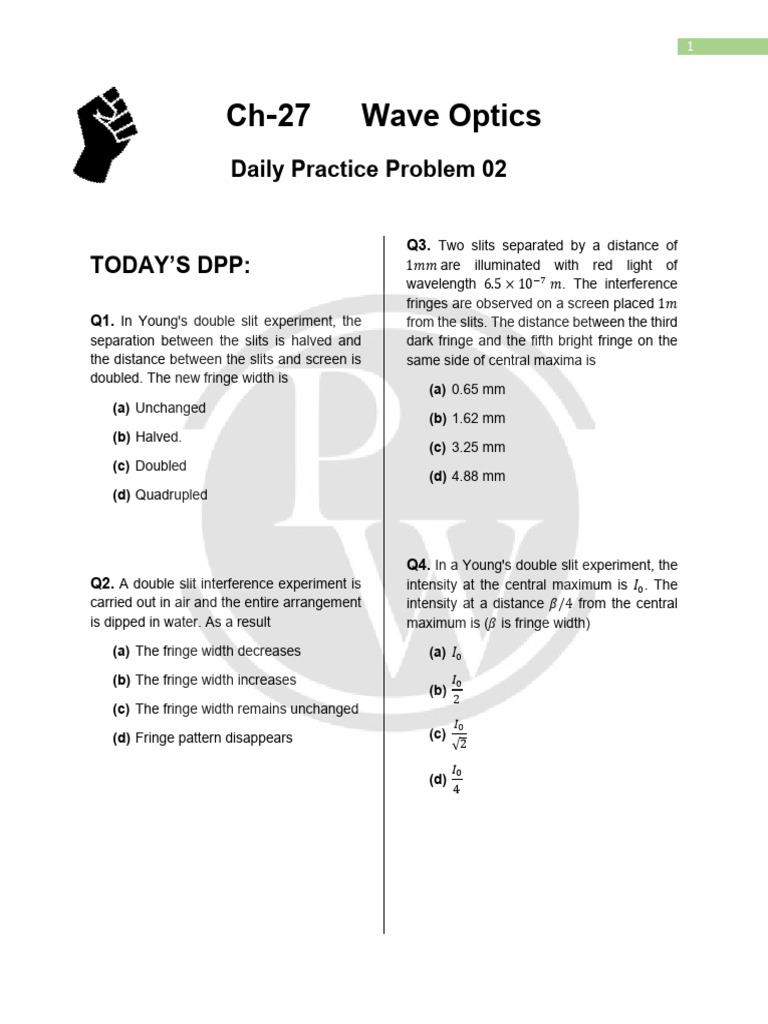 Wave Optics DPP O2 | Download Free PDF | Wavelength | Physical Sciences