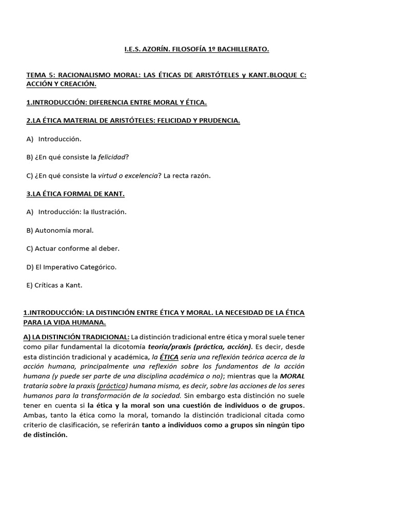 Dosier 5 Filosofía 1º Bachillerato. Tema 5. Ética y Filosofía Moral. Racionalismo Moral | PDF ...