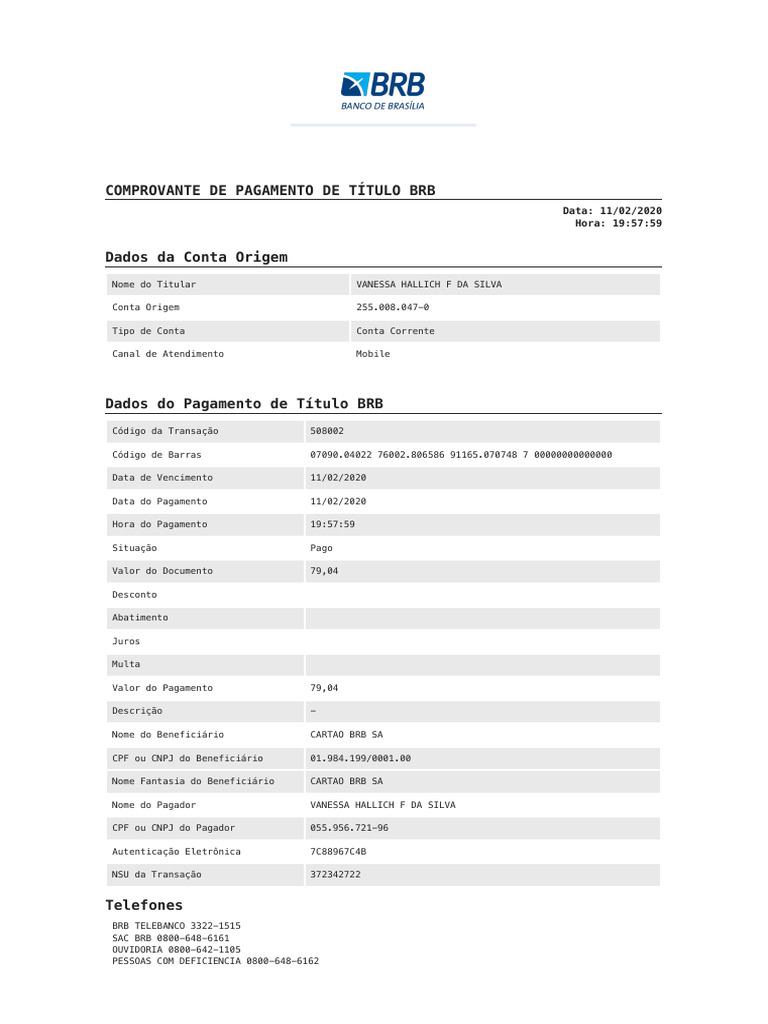 Pagamento Fatura BRB | PDF