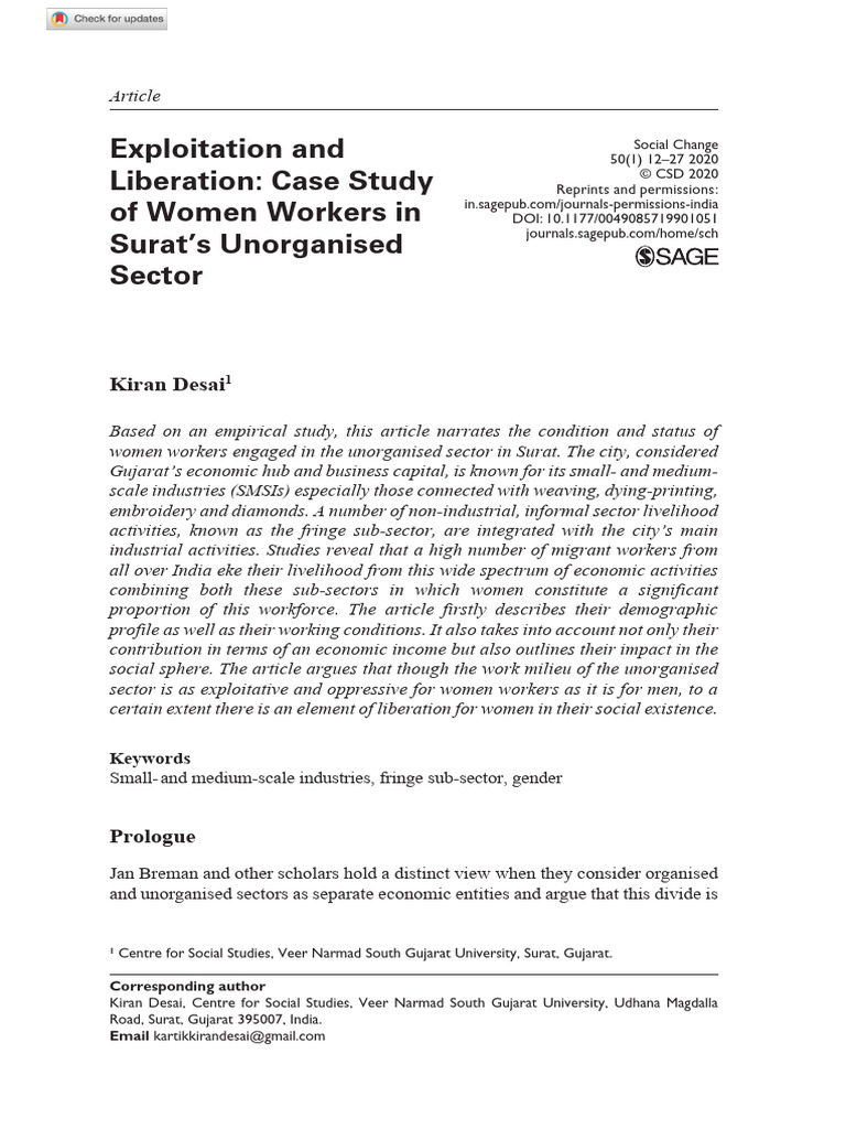 Desai 2020 Exploitation and Liberation Case Study of Women Workers in Surat S Unorganised Sector ...