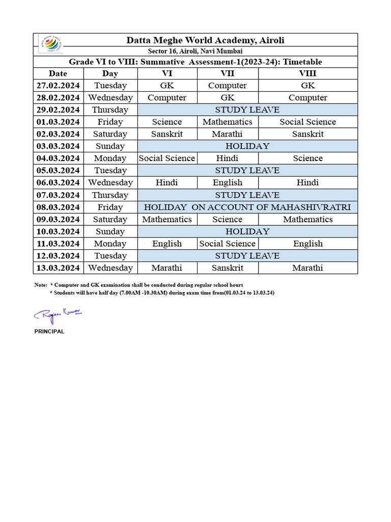 Time Table - Sa2 2023-24 | PDF