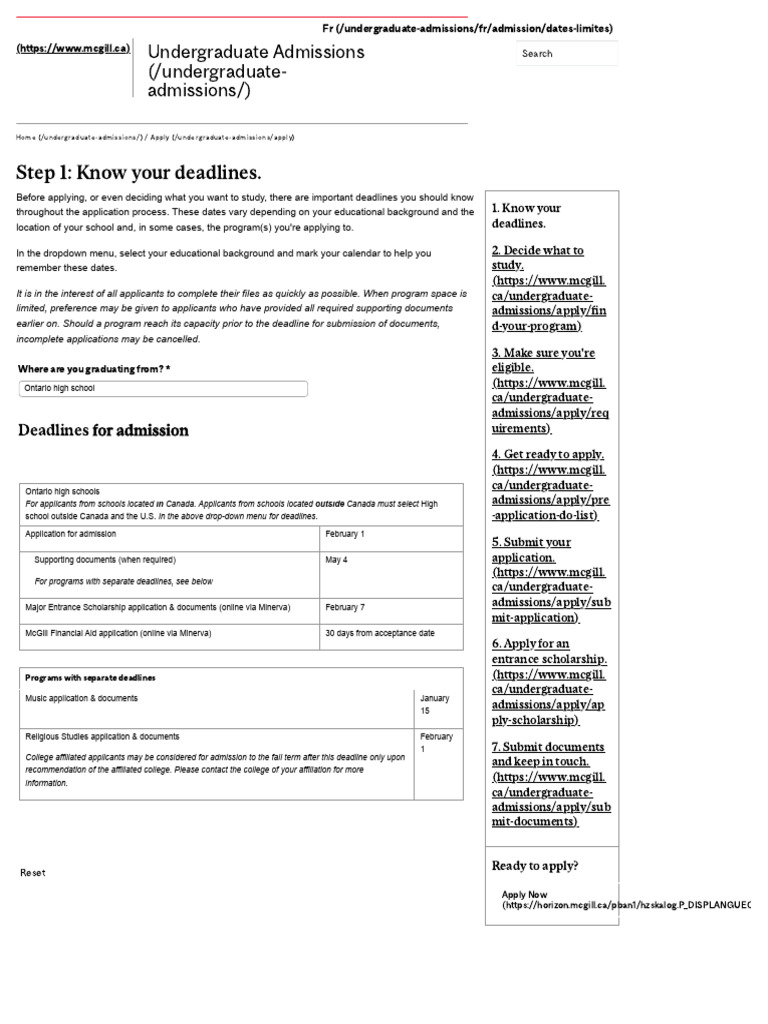Important Deadlines - Undergraduate Admissions - McGill University | PDF
