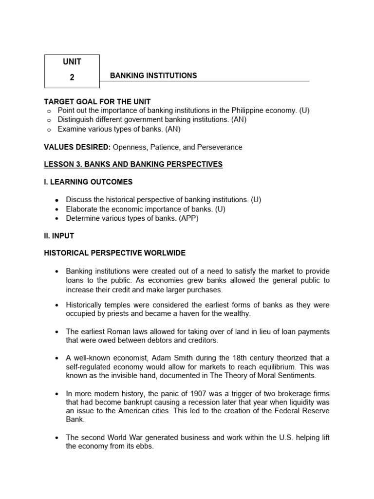 UNIT 2 Banking Institutions | PDF | Banks | Business