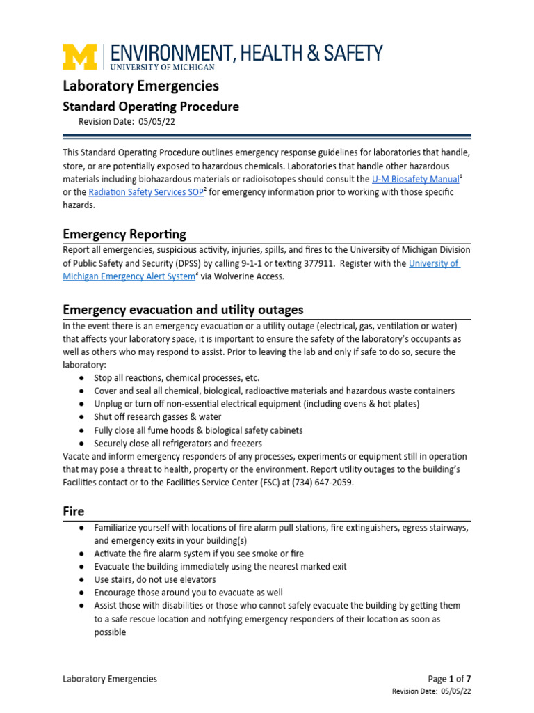 Laboratory Emergency Response SOP | PDF | Laboratories | Hazards
