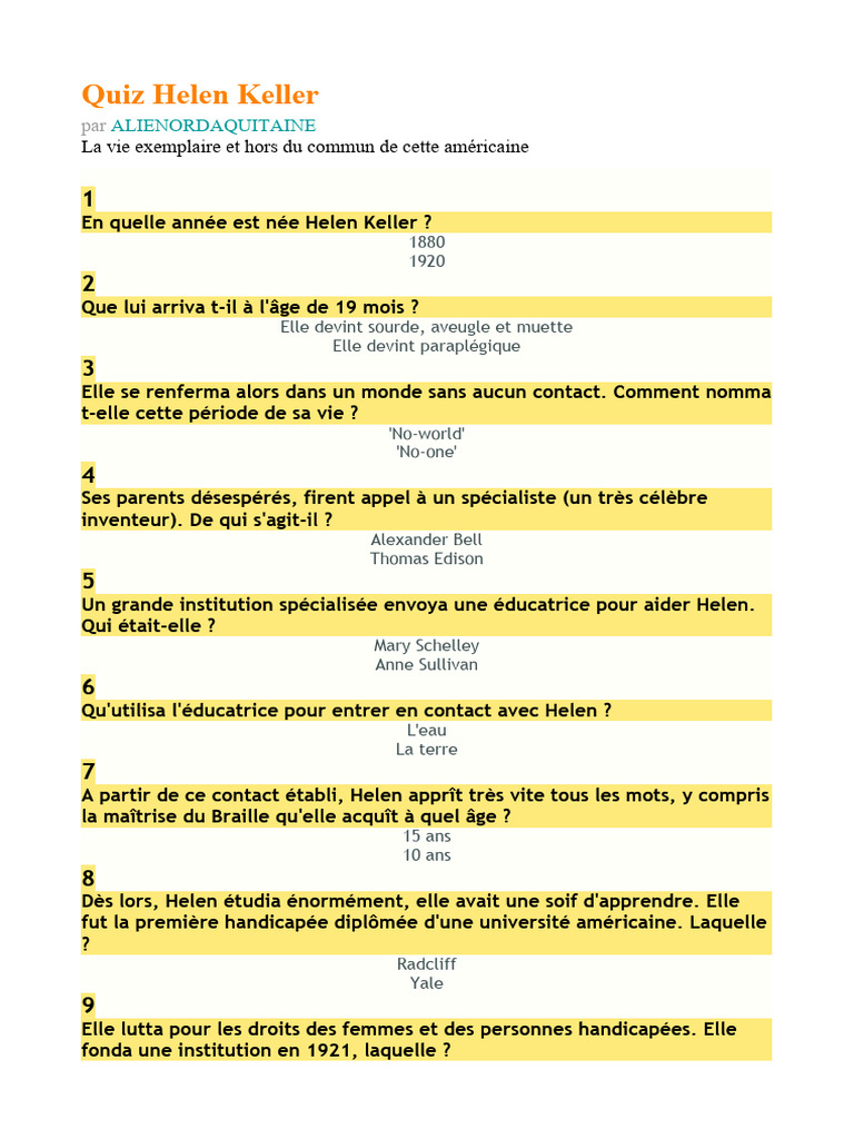 Quiz Helen Keller | PDF | Helen Keller