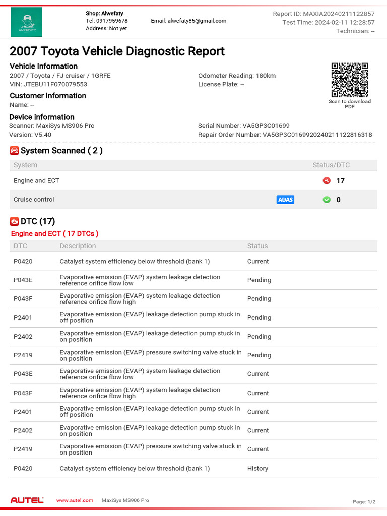 2007 Toyota Vehicle Diagnostic Report - JTEBU11F070079553 ...