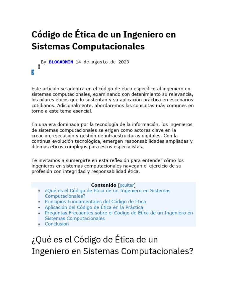 Código de Ética de Un Ingeniero en Sistemas Computacionales | PDF ...