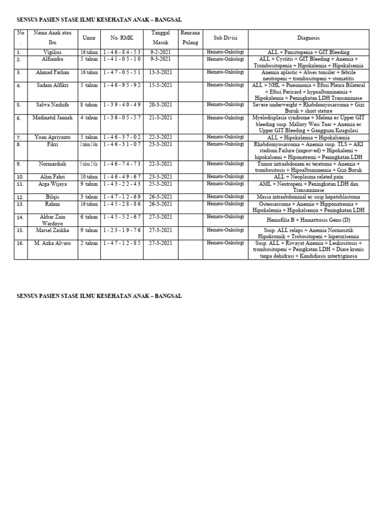 ISI Sensus Anak Bangsal - Hemato-Onkologi | PDF