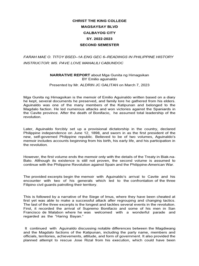 Narrative Report About Mga Gunita NG Himagsikan | PDF | Philippines Narrative Report About Mga Gunita NG Himagsikan | PDF | Philippines