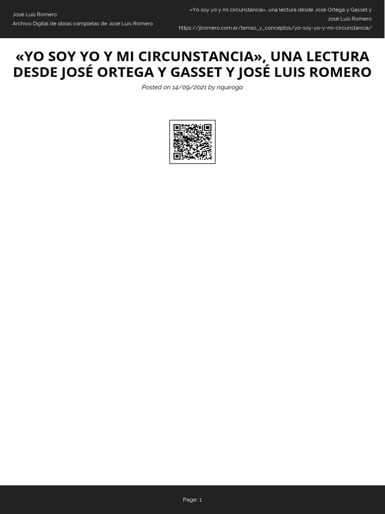 Yo Soy Yo y Mi Circunstancia Una Lectura Desde Jos Ortega y Gasset y Jos Luis Romero | PDF
