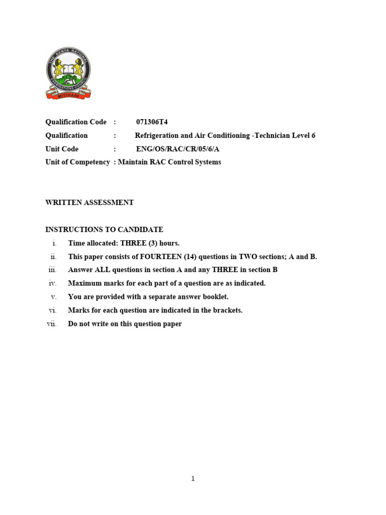RAC Technician Level 6 Exam | PDF | Electric Motor | Power (Physics)