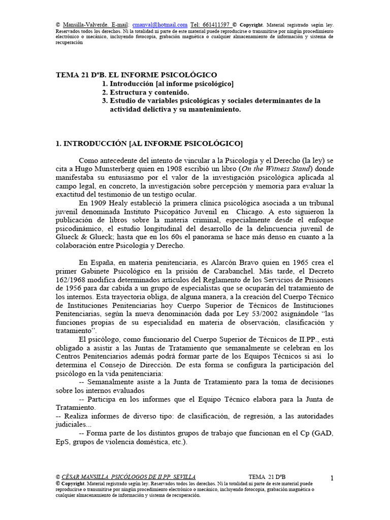 Tema 21 DºB. El Informe Psicológico. | PDF | Sicología | Las emociones