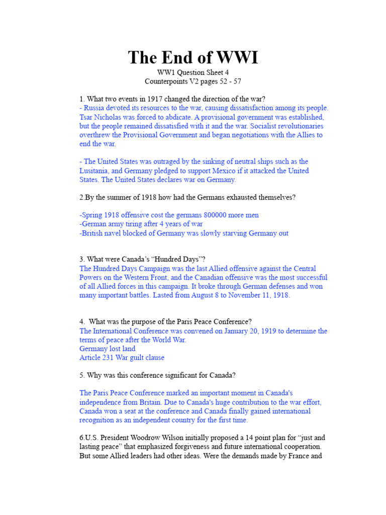 WW1 Question Sheet 4 | PDF