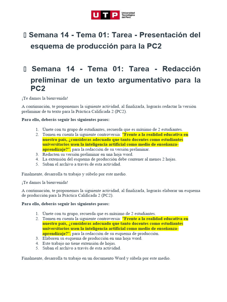 ? Semana 14 - Tema 01 Tarea - Presentación Del Esquema de Producción para La PC2 (Culminado ...