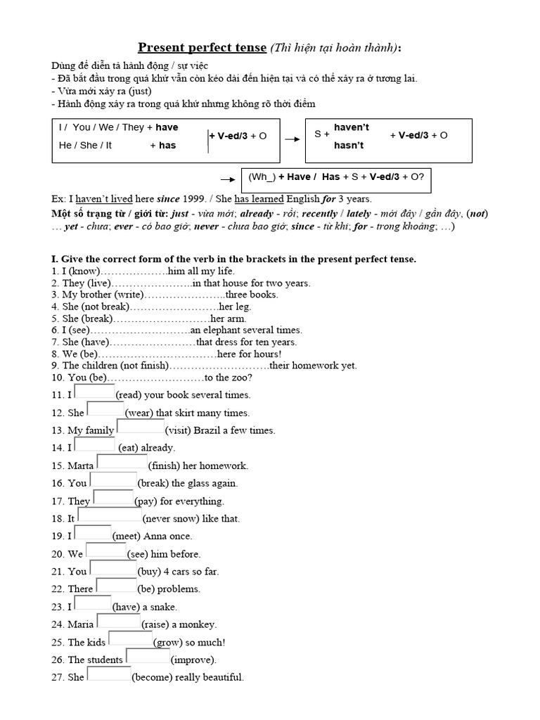 Exercise On Present Perfect Tense | PDF | Language Arts & Discipline ...