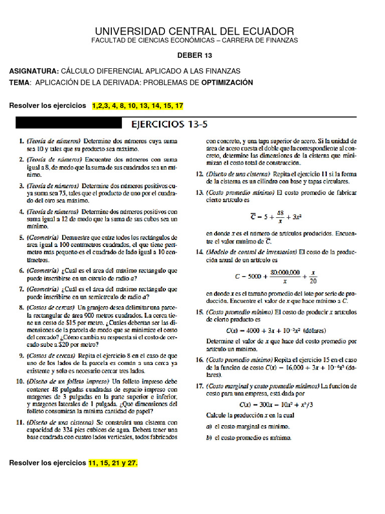Deber 13 Optimización de Funciones en Una Variable | PDF