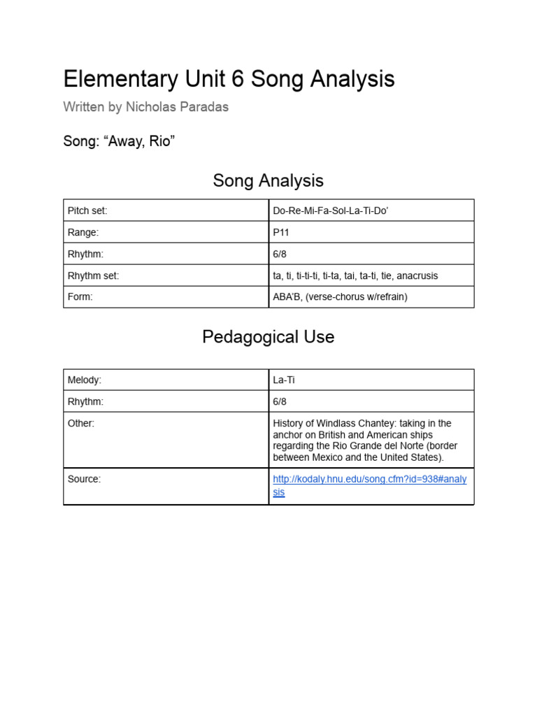 Elementary Unit 6 Song Analysis | PDF | Musical Compositions ...