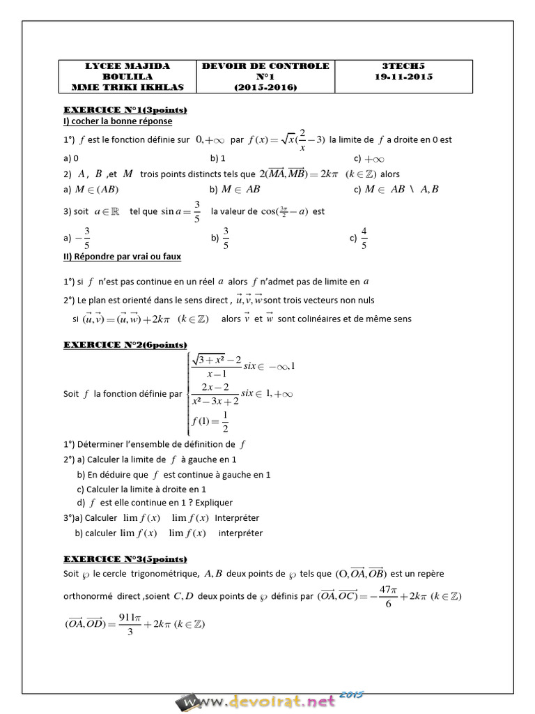 Devoir de Contrôle N°1 - Math - 3ème Technique (2015-2016) Mme Ikhlasse ...