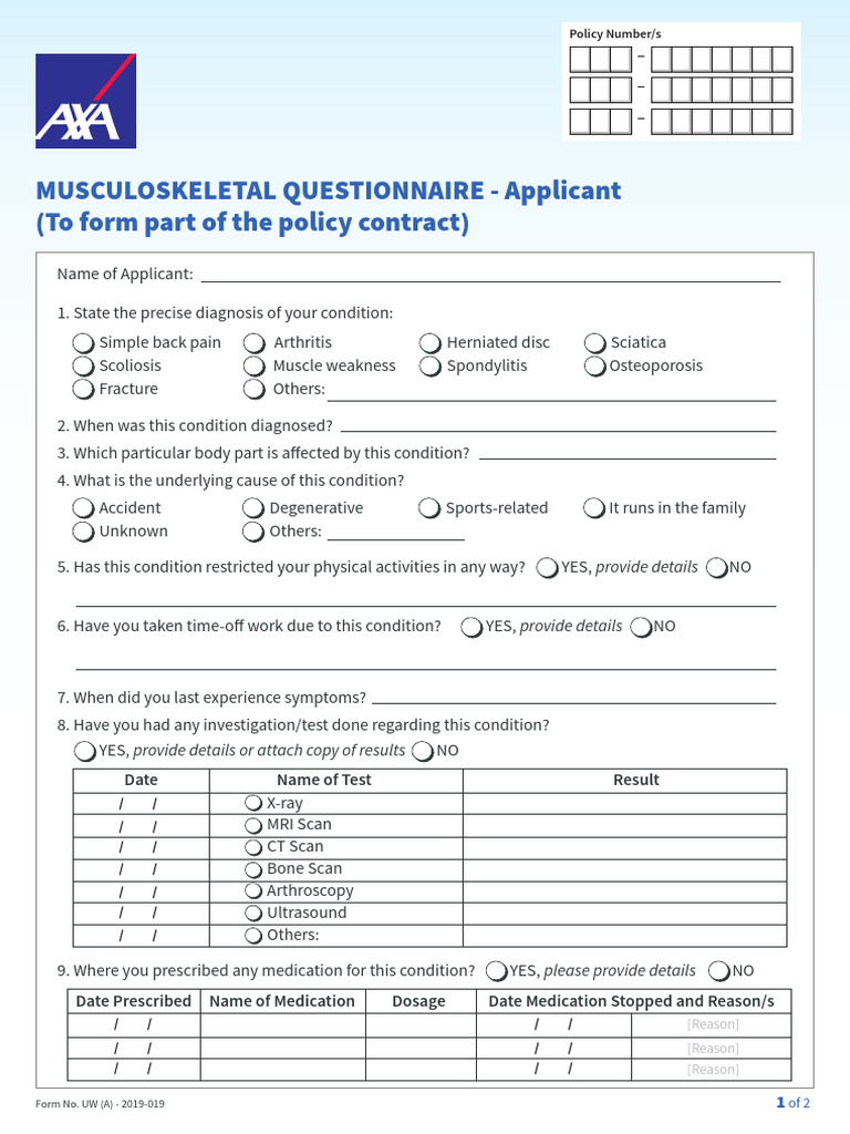 AXA Musculoskeletal Questionnaire | PDF | Back Pain | Causes Of Death
