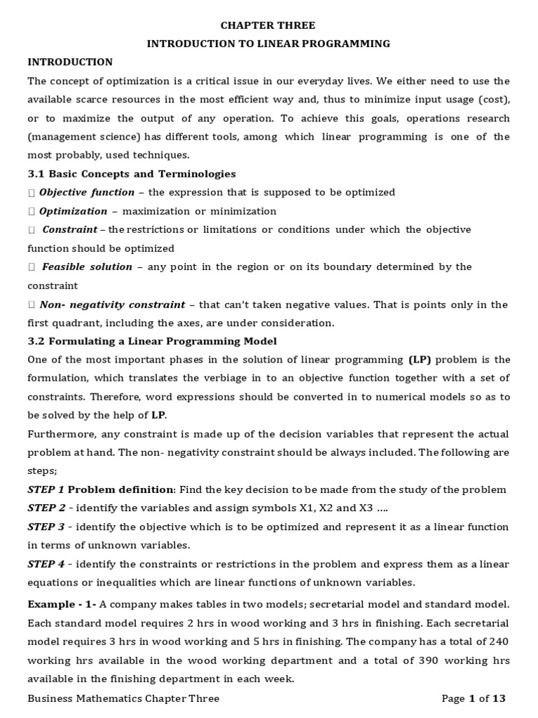 CHAPTER THREE Edited Handout | PDF | Mathematical Optimization | Linear Programming