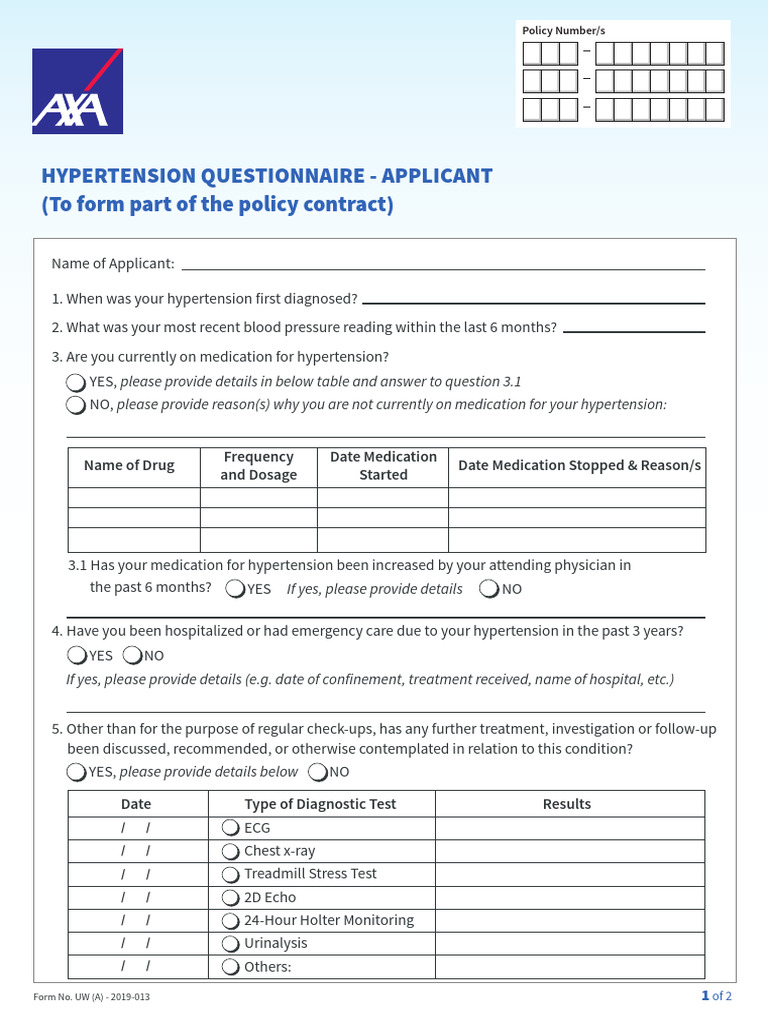 AXA hypertension questionnaire | PDF | Hypertension | Physical Examination
