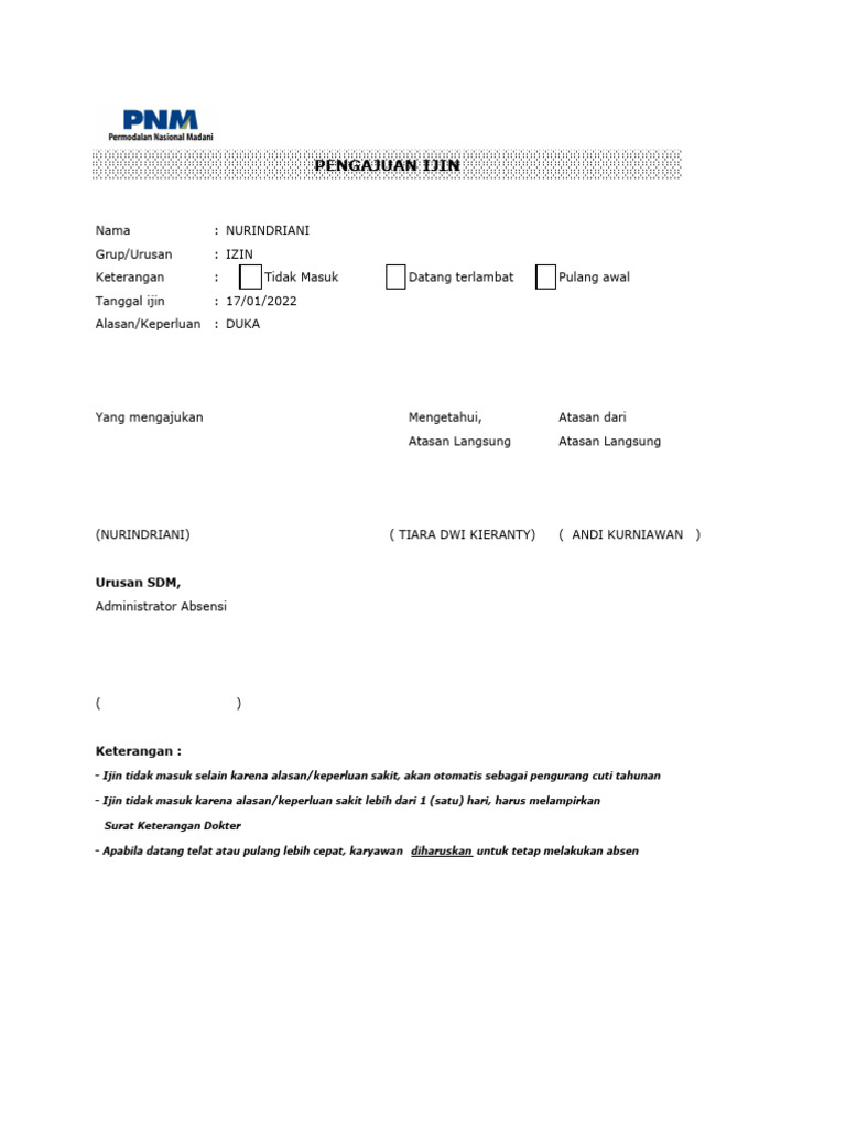 Form Izin Karyawan | PDF