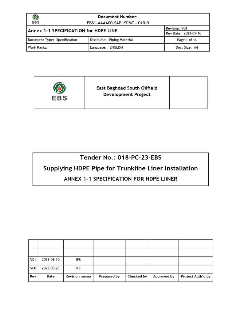 HDPE LINER Specification | PDF | Pipe (Fluid Conveyance) | Polyethylene