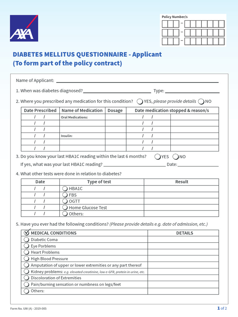 Diabetes+mellitus+questionnaire Applicant | PDF | Diabetes | Glycated ...