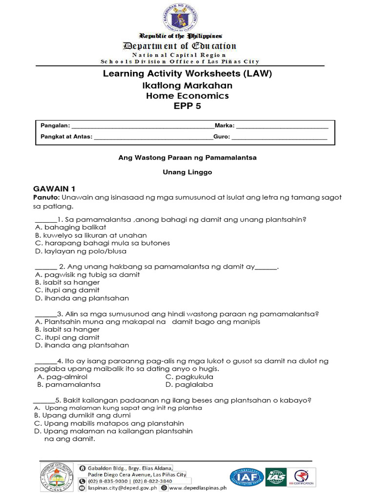 Learning Activity Worksheets (LAW) Ikatlong Markahan Home Economics Epp 5 | PDF