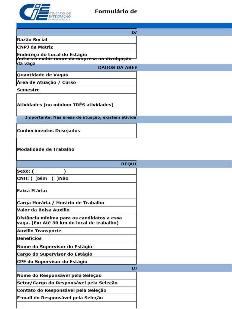 Formulário de Abertura de Vaga Estágio | PDF | Carreira e Crescimento ...
