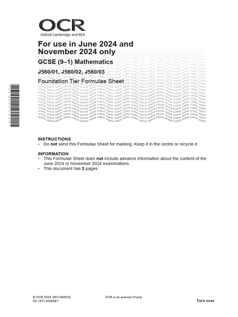 Foundation Tier Formulae Sheet | PDF | Area | Circle