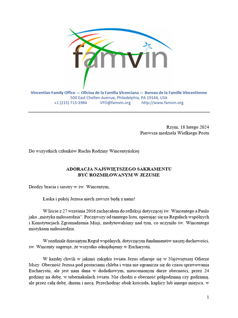 (Polski) List Na Wielki Post 2024 - Rodzina Wincentyńska | PDF