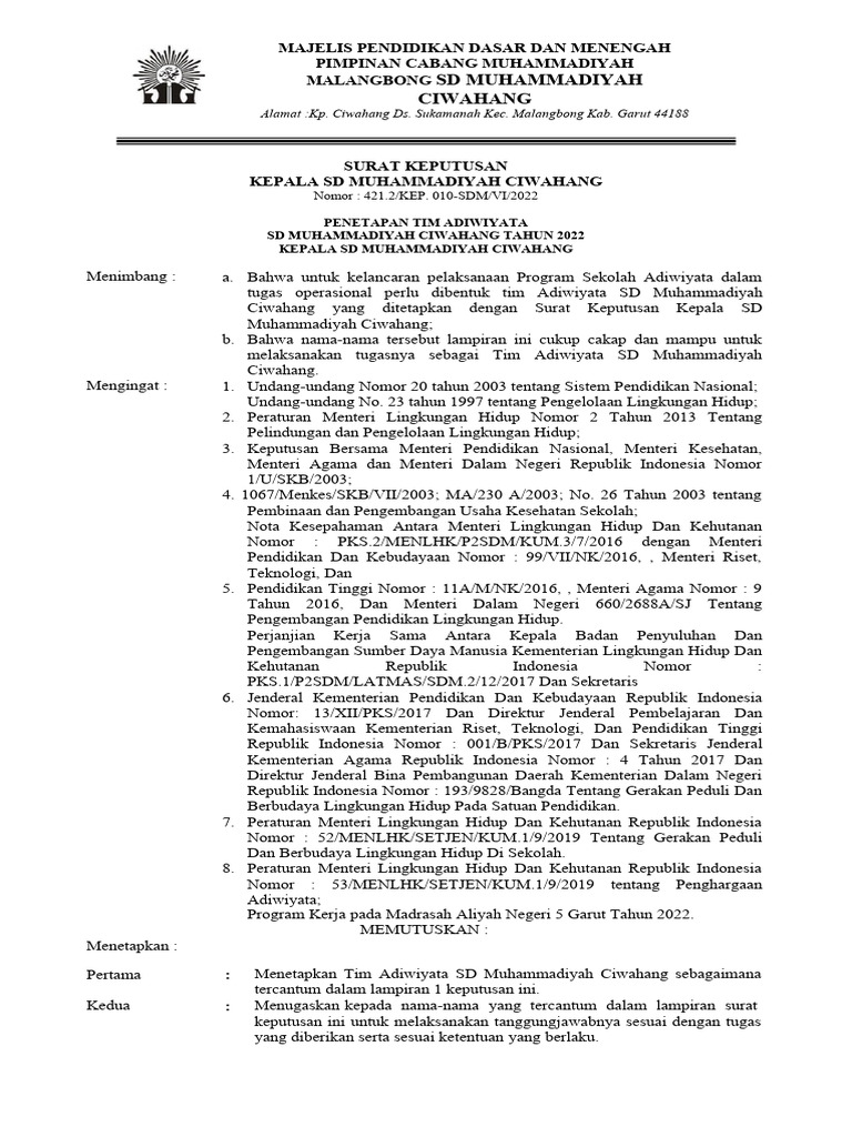 SK Tim Adiwiyata SD Muhammadiyah Ciwahang | PDF