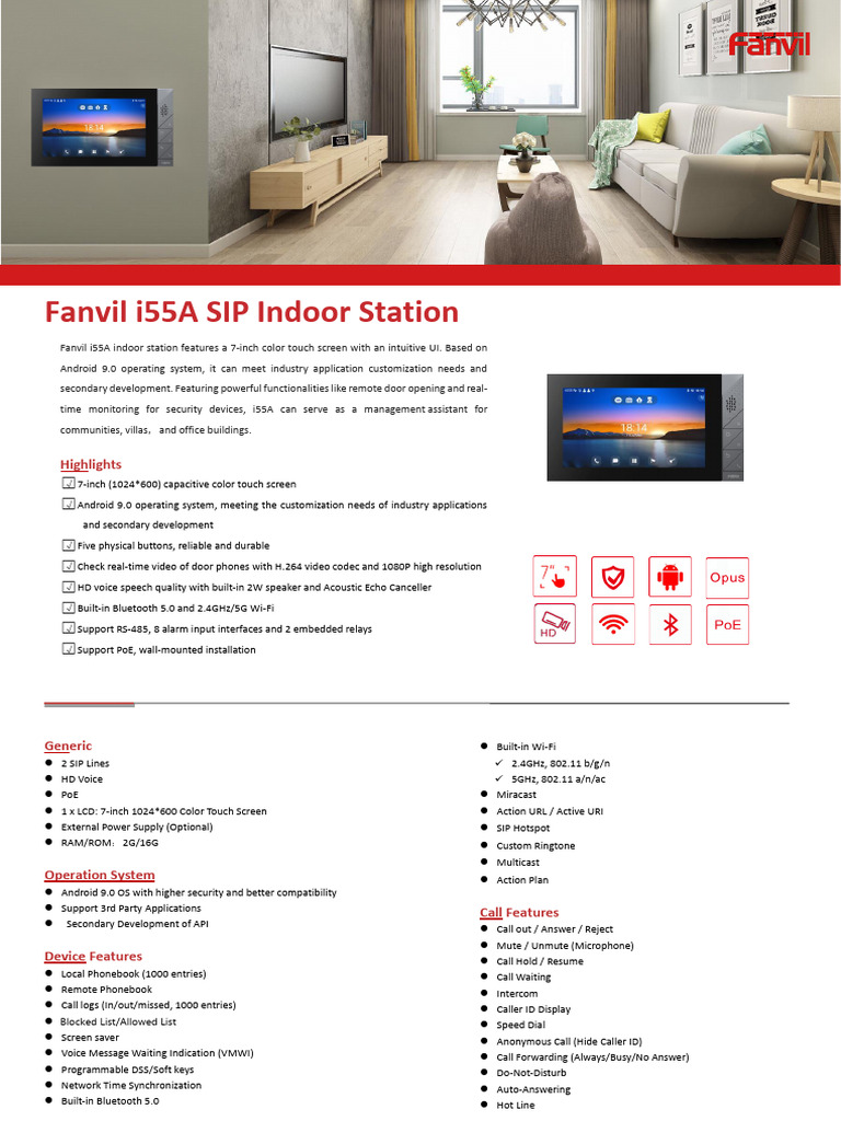 Fanvil i55A-V1 Datasheet | PDF | Session Initiation Protocol | Android (Operating System)