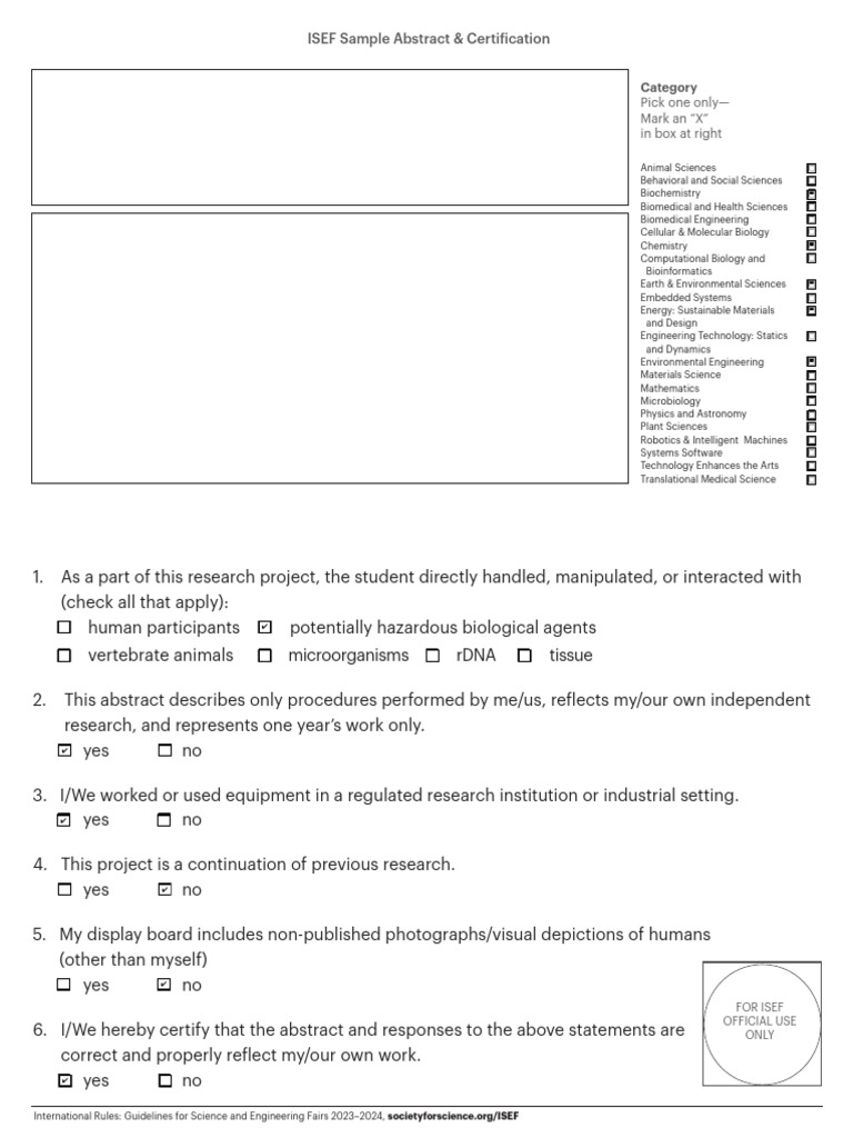 ISEF Sample Abstract & Certification: Pick One Only - Mark An "X" in ...