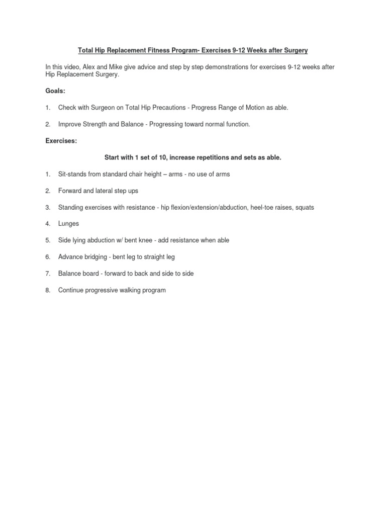 Total Hip Replacement Fitness Program - Exercises 9-12 Weeks After ...