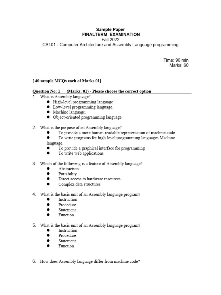 Sample Paper - CS401 | PDF | Assembly Language | Computer Programming