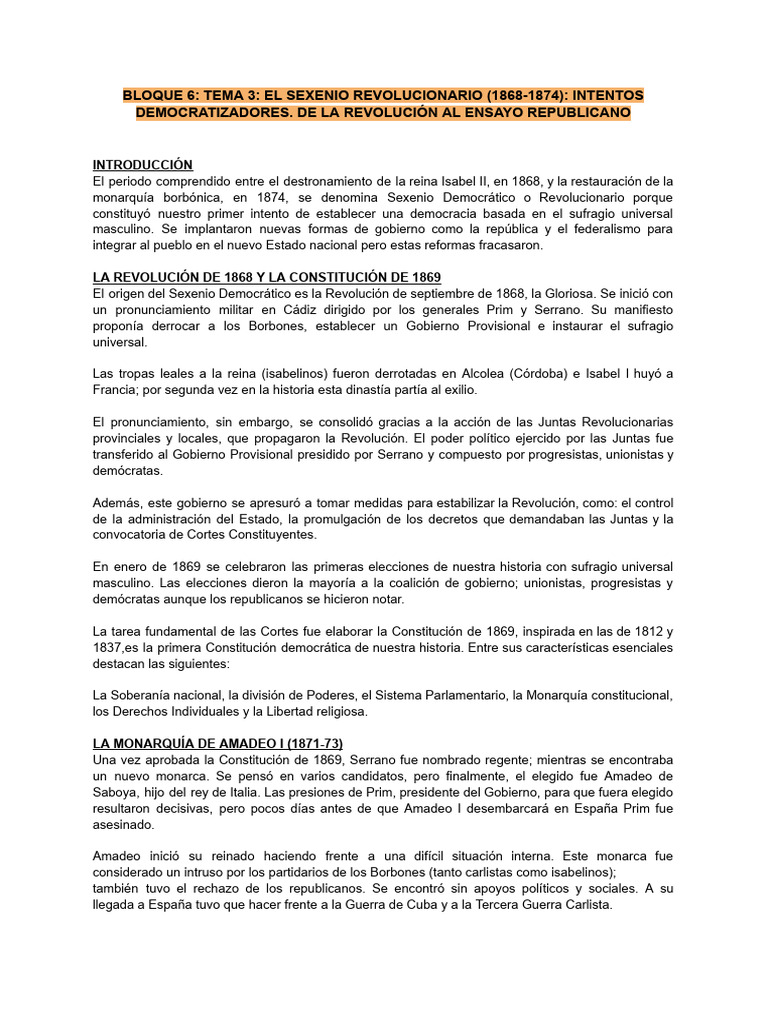 BLOQUE 6 - TEMA3 Sexenio Revolucionario | PDF | Gobierno de españa | Política de españa