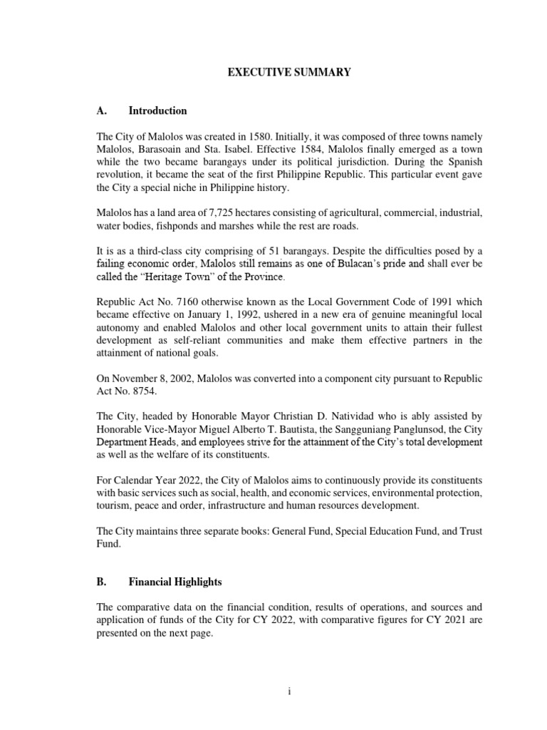 Malolos City Executive Summary 2022 | PDF | Fund Accounting | Loans Malolos City Executive Summary 2022 | PDF | Fund Accounting | Loans