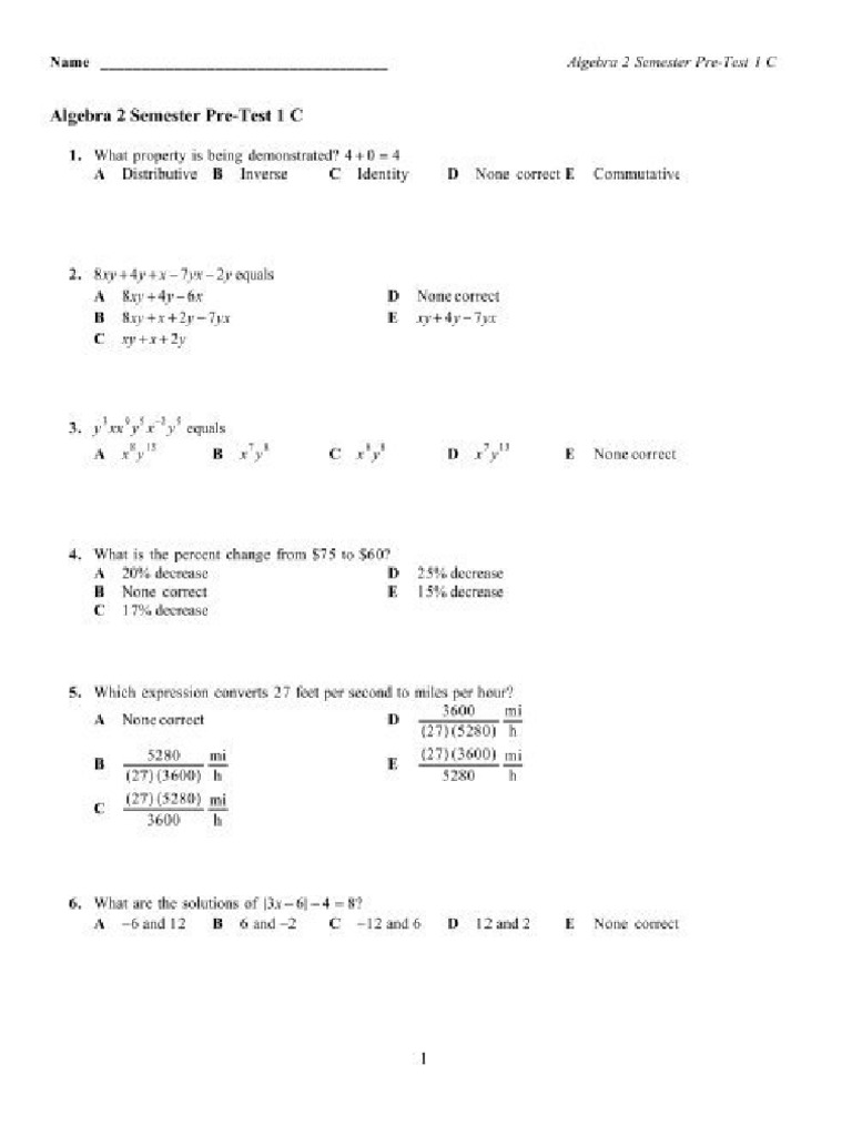 Algebra 2 Semester Pre Test 1 C Moellermath | PDF