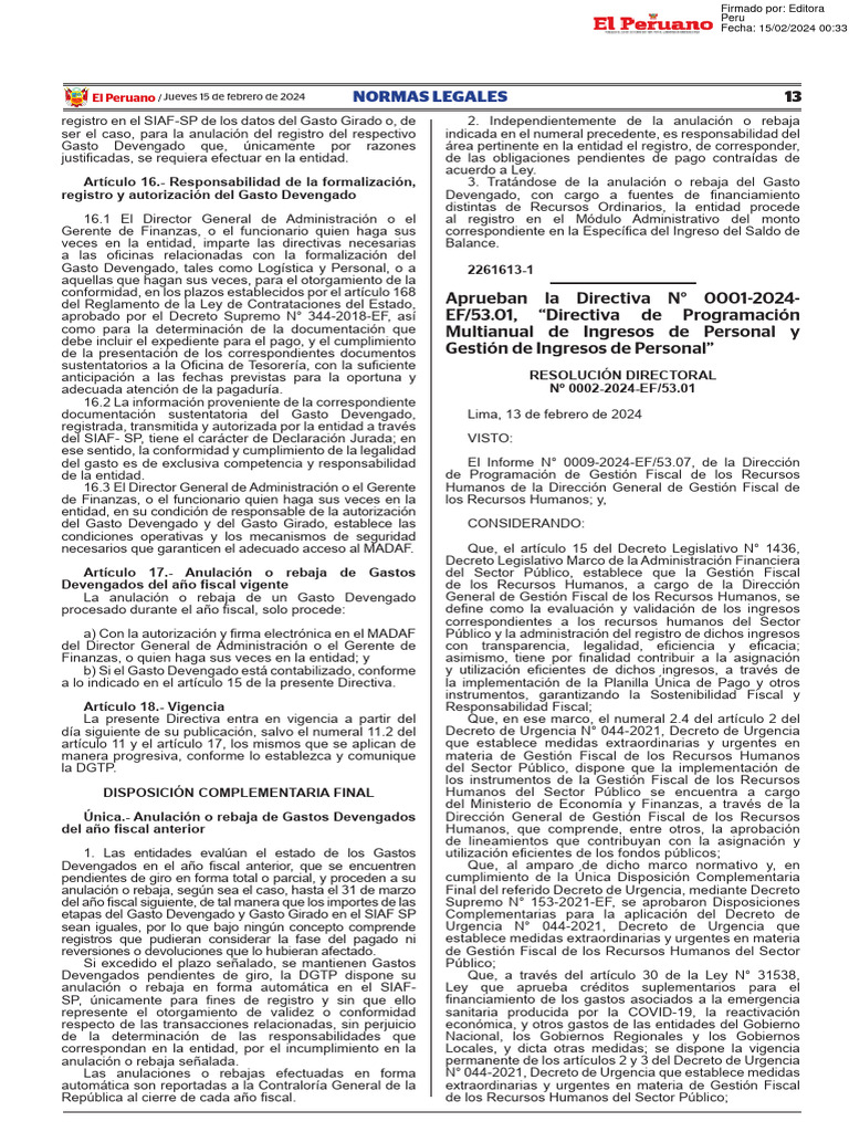 Aprueban La Directiva #0001-2024-EF-53.01 Directiva de Programación ...