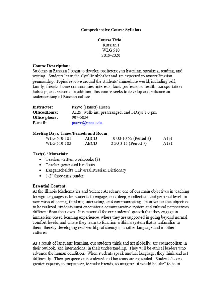 Russian I Comprehensive Course Syllabus 2019 20 | PDF | Verb ...