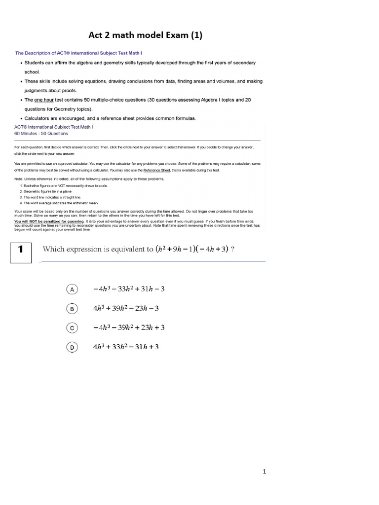 ACT II-Math Level 1-Model Exam (1) - 1 | PDF | Mathematics | Geometry