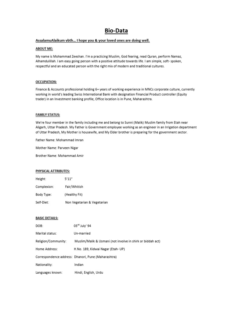 Mohammad Zeeshan - Bio Data-1 | PDF | Monotheism | Abrahamic Religions