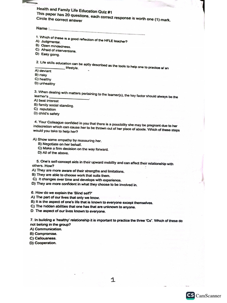 HFLE Quiz | PDF