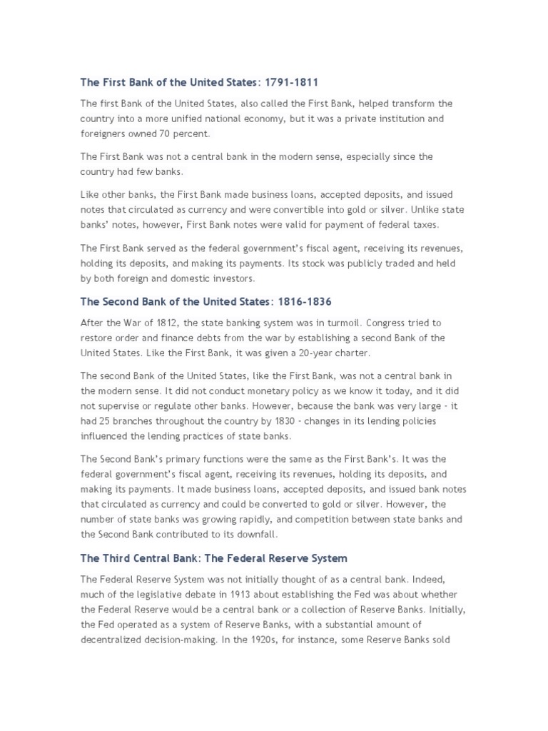 The First Bank of The United States: 1791-1811 | PDF | Federal Reserve ...