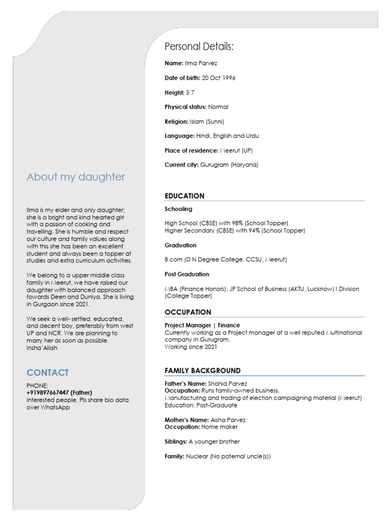 Ilma Parvez - Bio Data | PDF