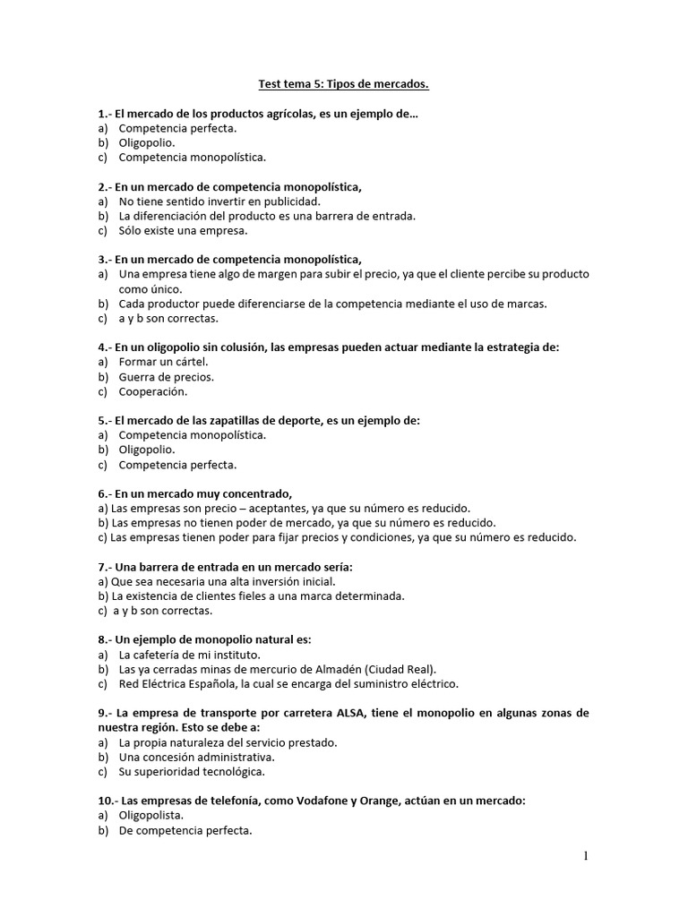 Copia de Test Tema 5 Tipos de Mercados | PDF | Mercado (economía ...